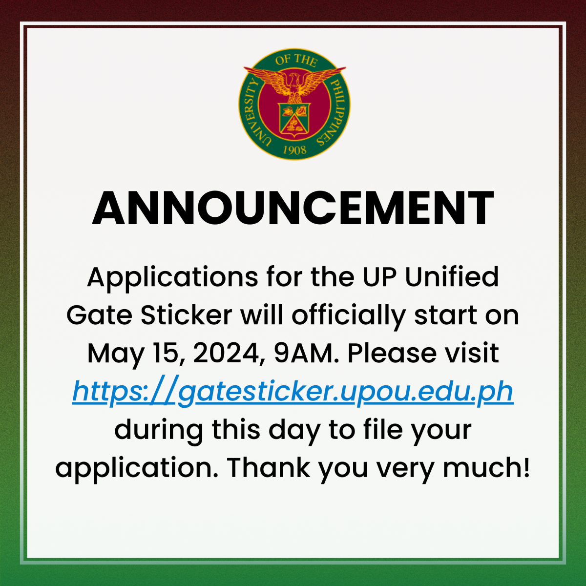 Application for UP Unified Gate Sticker to start on May 15, 2024 ...